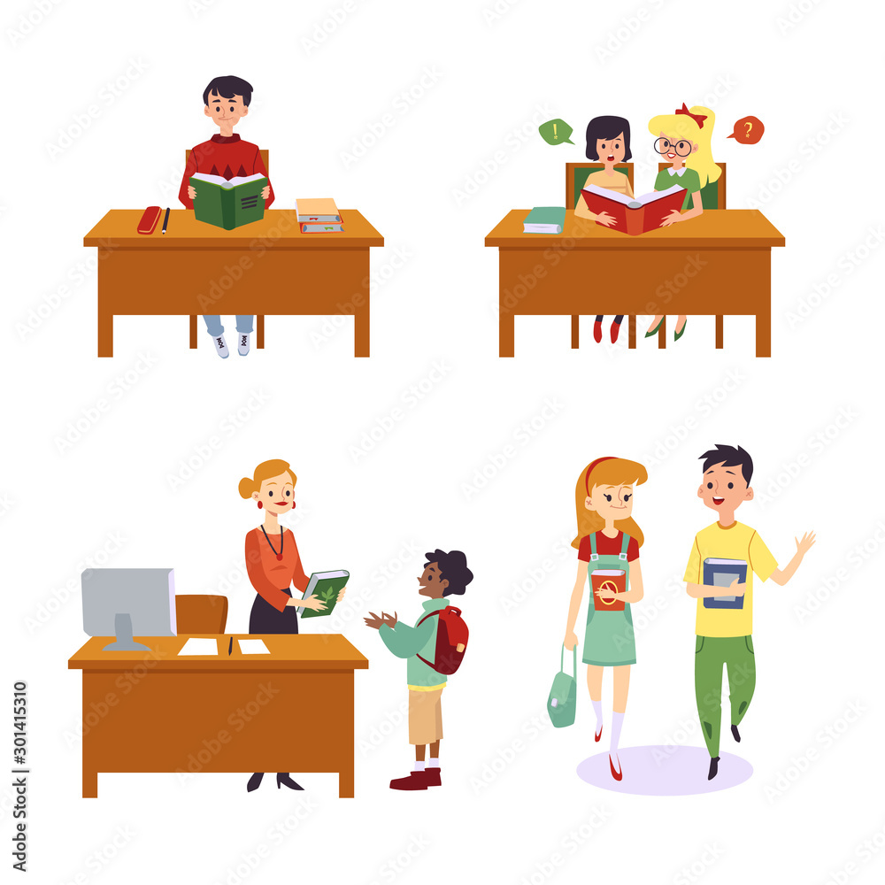 Set of scenes with children in library flat cartoon illustration ...