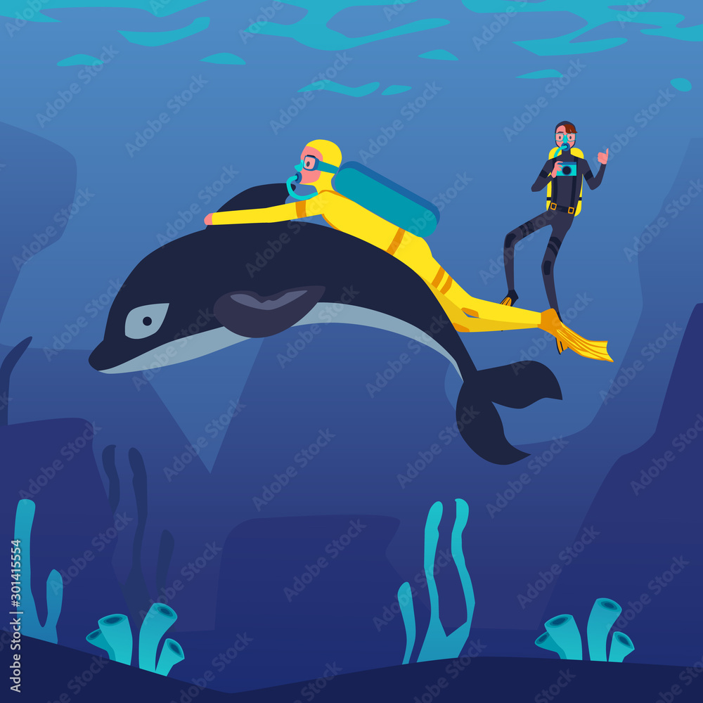 Cartoon man scuba diving with dolphin underwater - diver in yellow ...