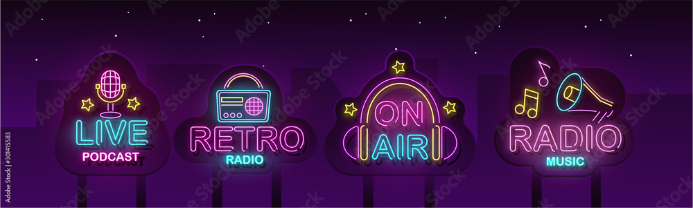 Live podcast and on air retro radio music neon sign set on night sky ...