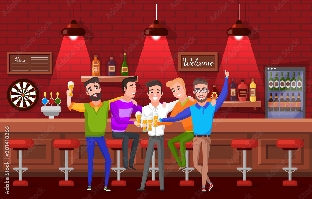 Smiling groom hugging friends, men drinking beer in pub. Males ...