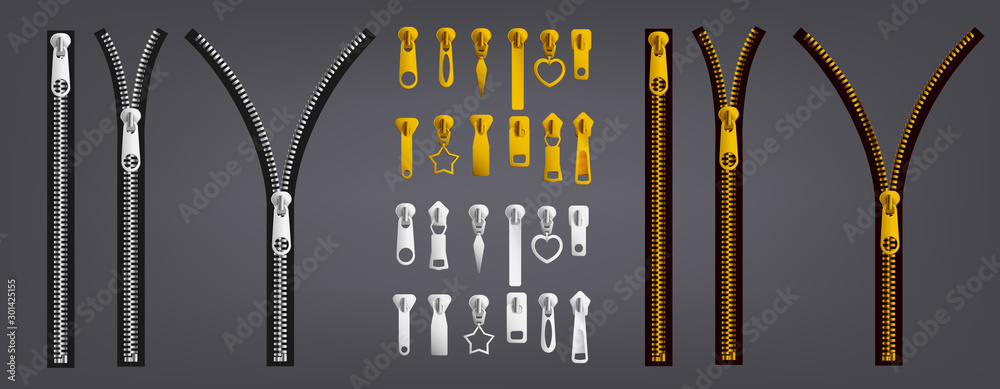 Realistic silver and gold zipper set with differently shaped slider ...