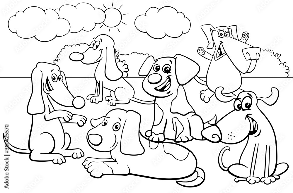 cartoon dog characters group coloring book page Stock Vector | Adobe Stock