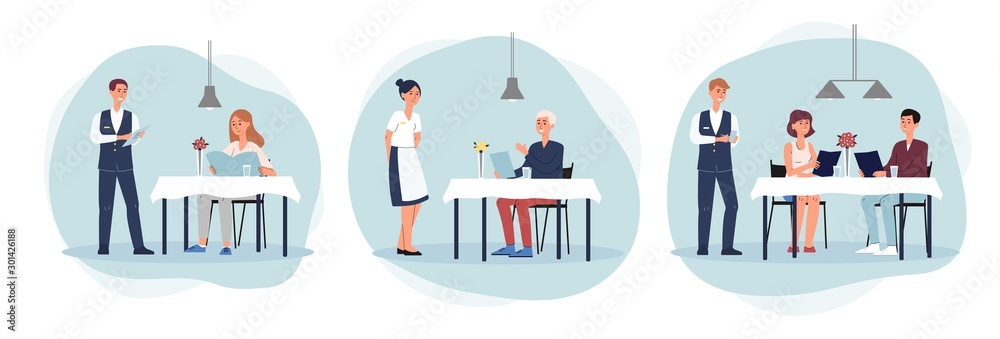 Restaurant order set with people ordering food to waiters, flat vector ...