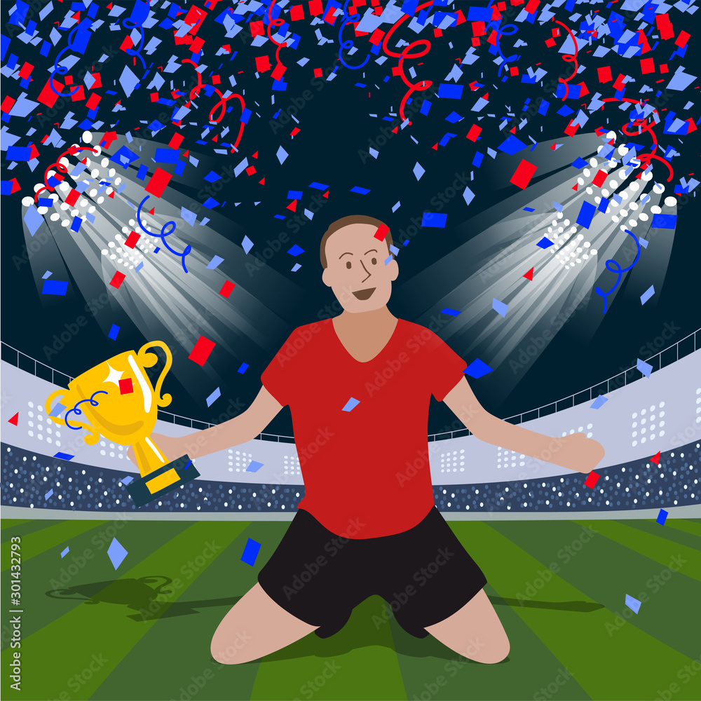 Striker soccer football player in red team concept celebrating goal in ...