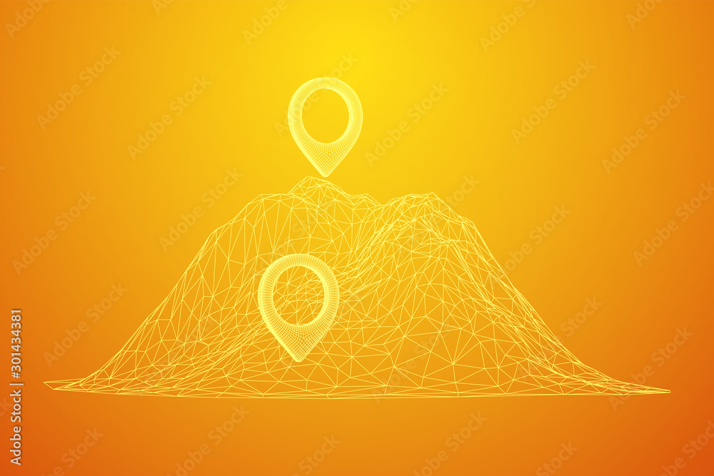 Geo map pin on mountain peak top. Place symbol GPS pictogram. Wireframe ...