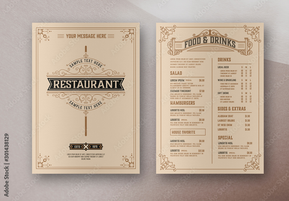 Restaurant Menu Layout with Ornamental Elements Stock Template | Adobe ...