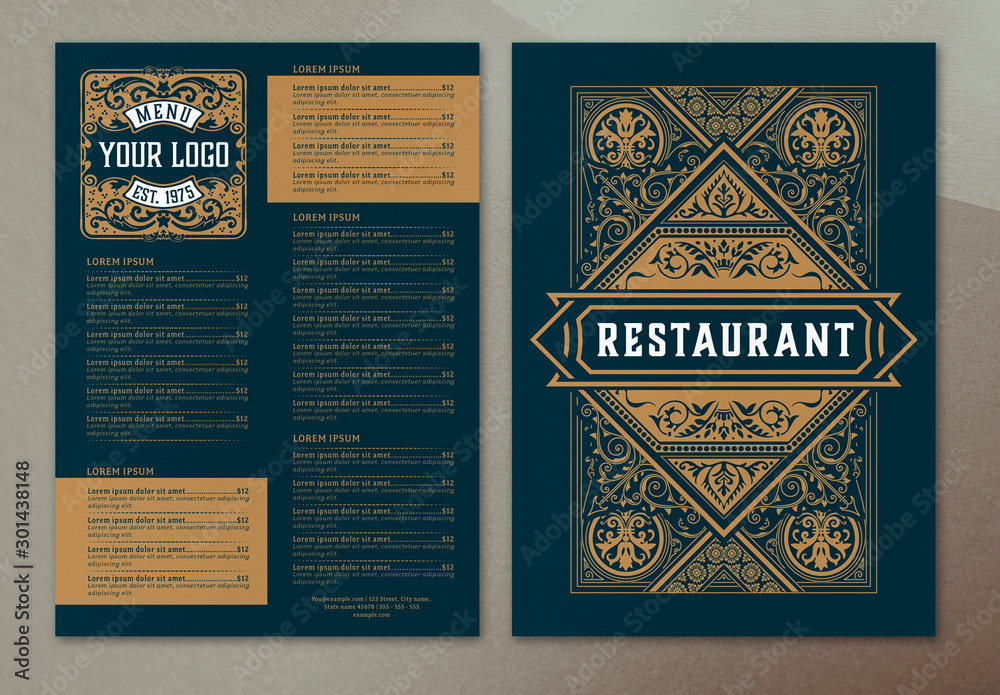 Restaurant Menu Layout with Ornamental Elements Stock Template | Adobe ...