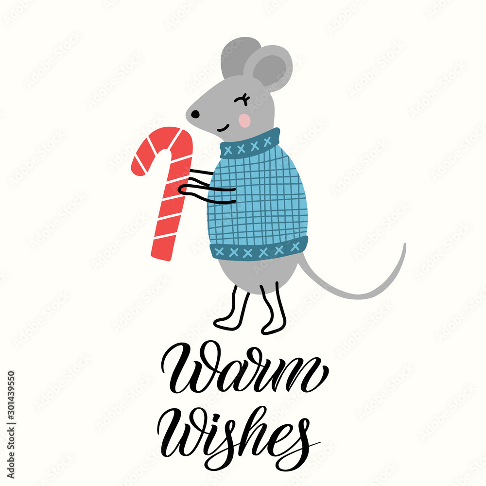 Christmas and New Year greeting clipart with happy mouse in sweater ...