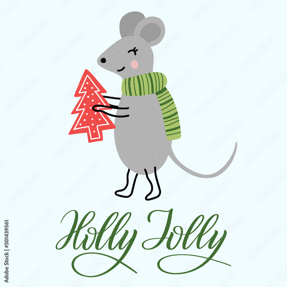 Merry Christmas and New Year greeting clipart with happy mouse in scarf ...