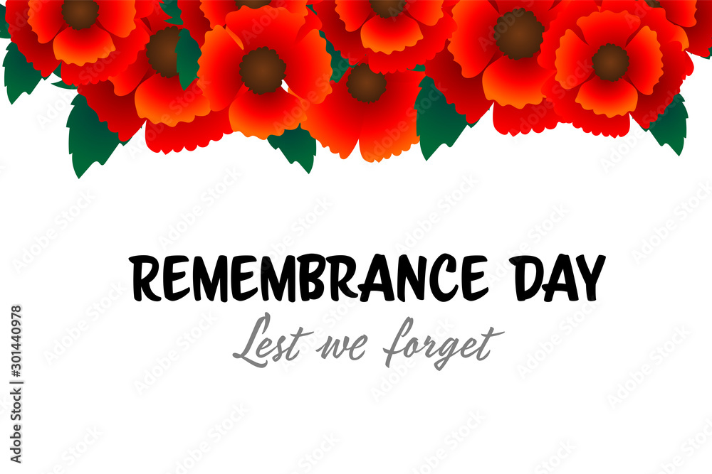 Remembrance Day November 11 typography with red poppy flower ...