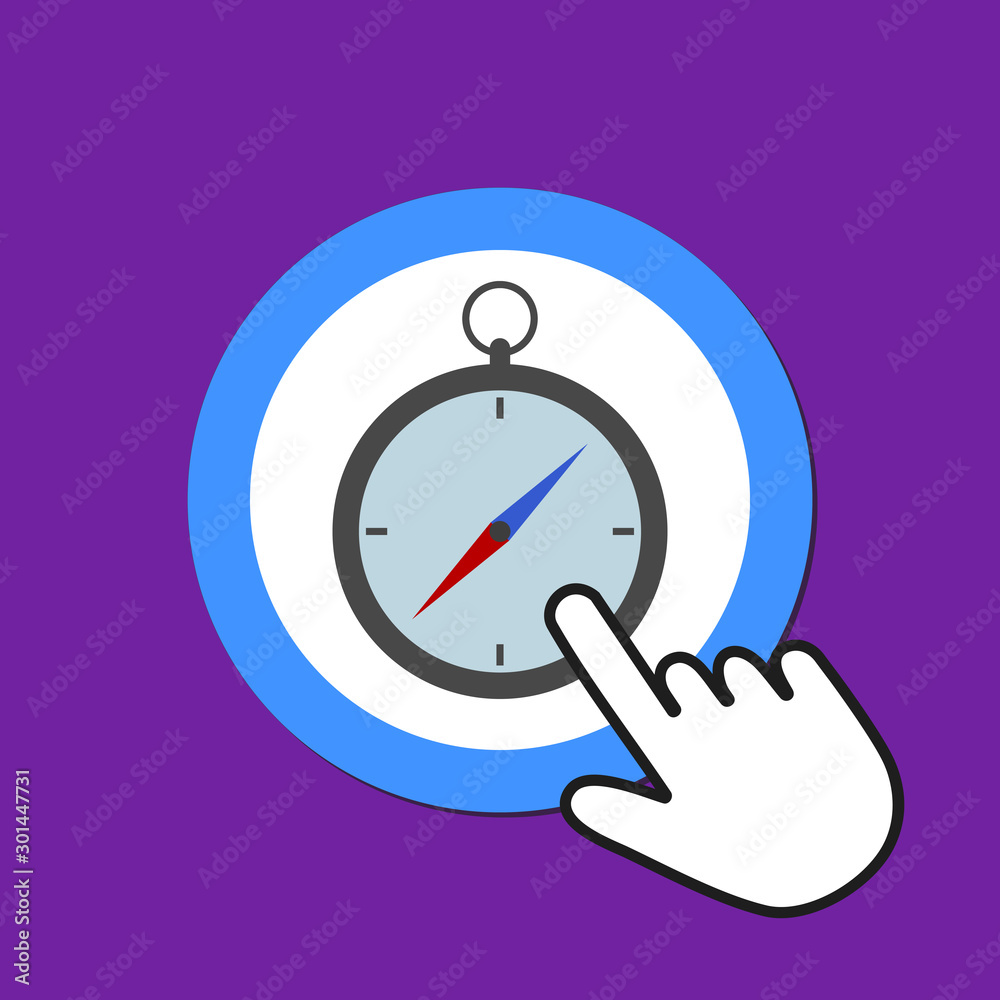Campass icon. Navigation concept. Hand Mouse Cursor Clicks the Button ...
