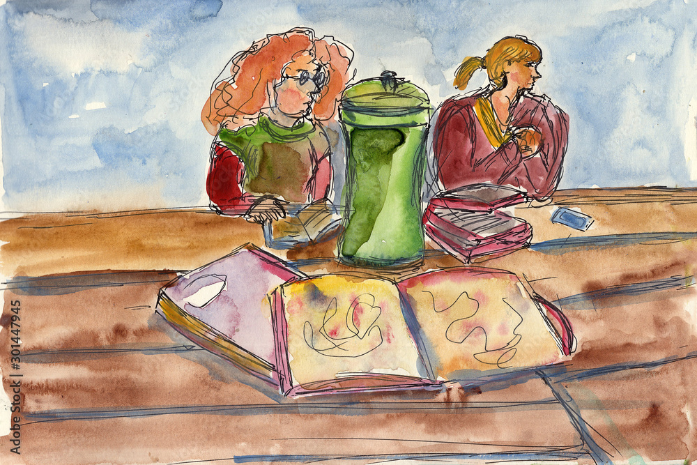 watercolor drawing sketch illustration young girls women sitting in ...