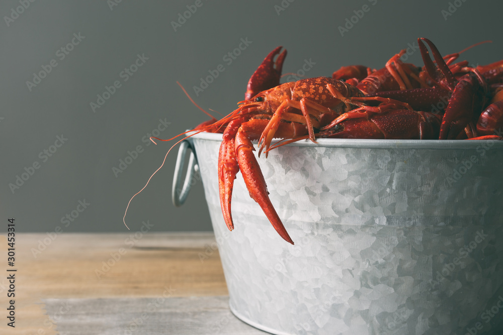 Crawfish boil in a steel bucket against a gray background with copy ...