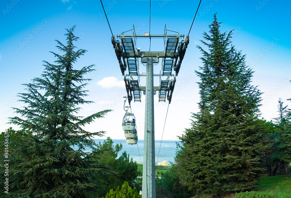 Cable car cabin and telpher line in nature. Transportation with ropeway ...