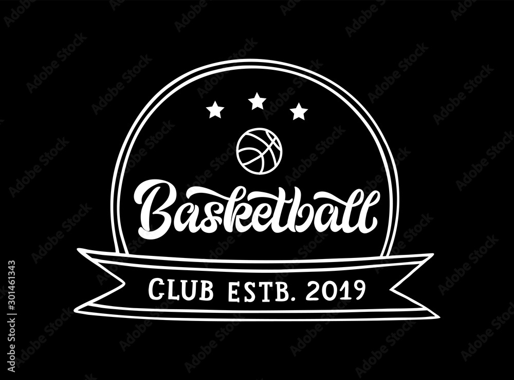 Basketball club hand written lettering logo, emblem with ball and stars ...