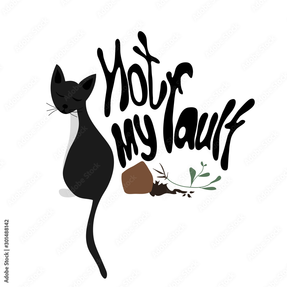 Black guilty cat excuse with broken flower pot. Hand drawn cute ...