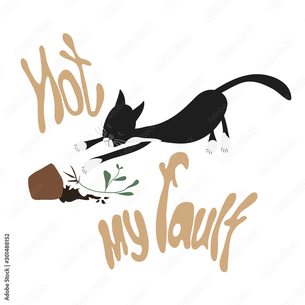 Black guilty cat excuse with broken flower pot. Hand drawn cute ...