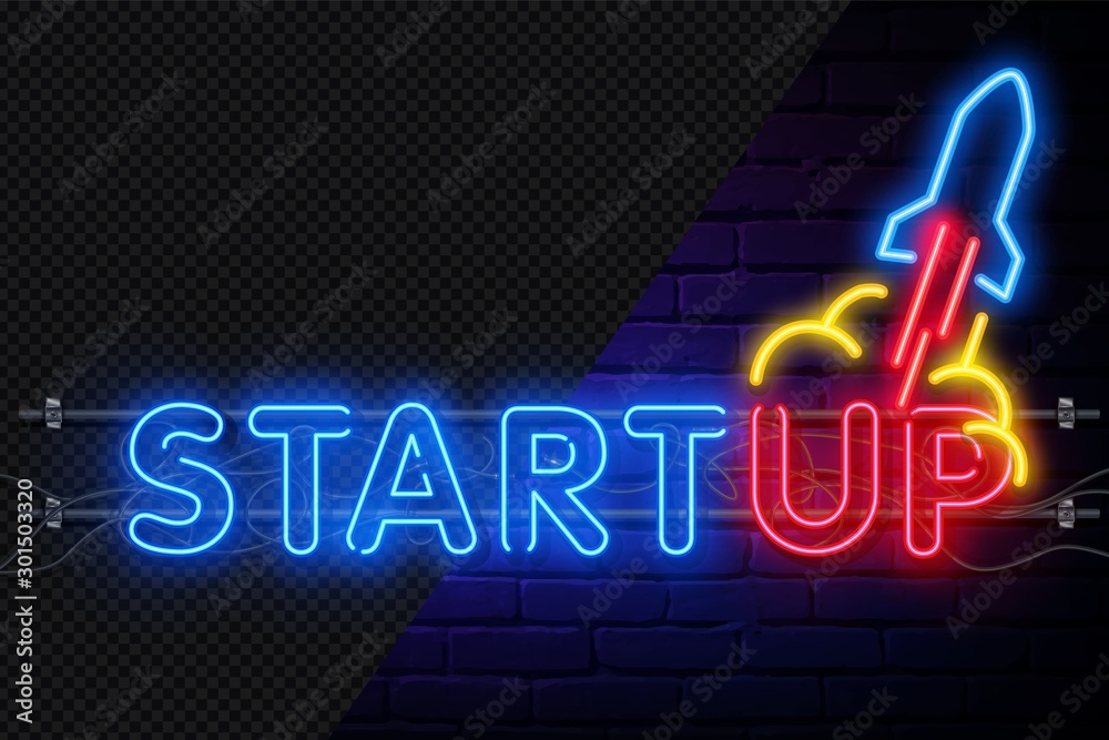 Rocket with STARTUP neon sign. Launching spaceship with neon text ...