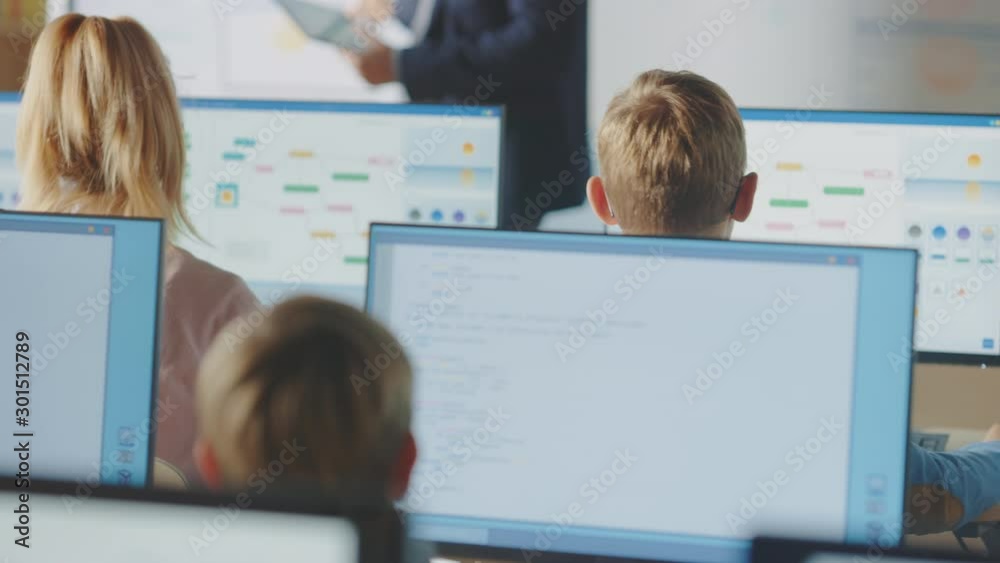 Elementary School Class: Teacher Uses Interactive Digital Whiteboard ...