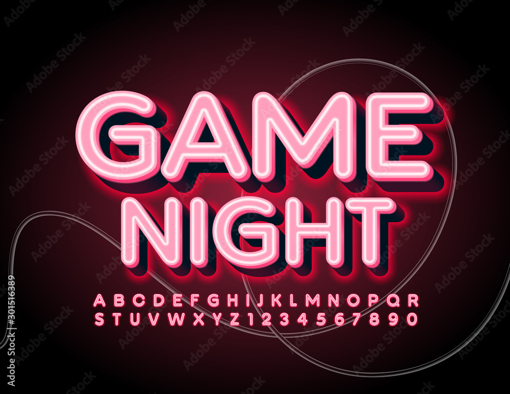 Vector glowing Neon Logo Game Night. Bright modern Font. Light Alphabet ...