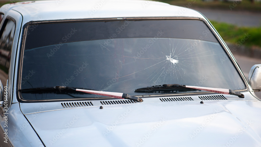 Broken car windshield. Accident of car. Selective focus. Front safety ...