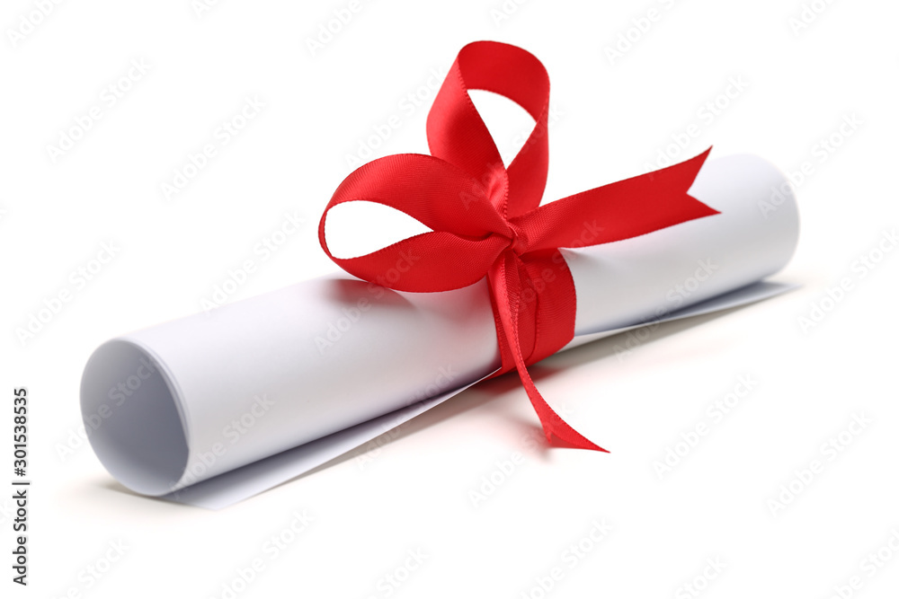 Diploma, close up of paper scroll with red ribbon isolated on white ...