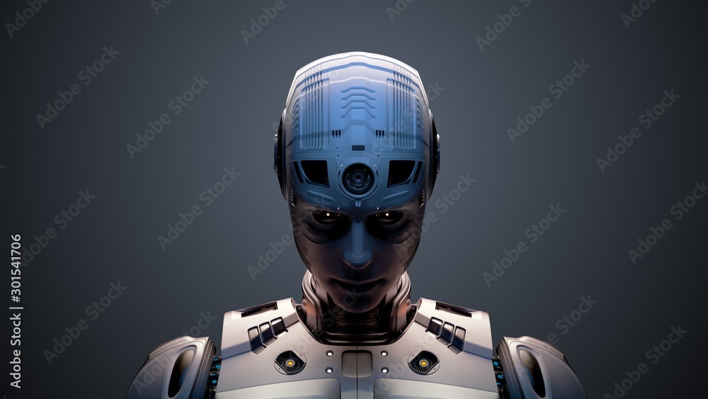 Portrait of an alien robot or extraterrestrial being with blue head and ...