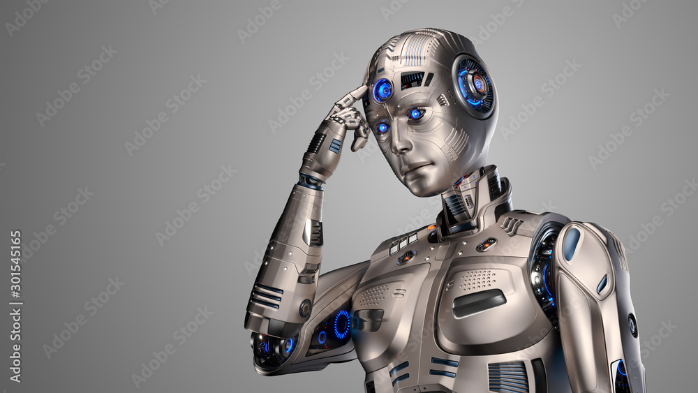 Robot touching his forehead or very detailed humanoid cyborg invites ...