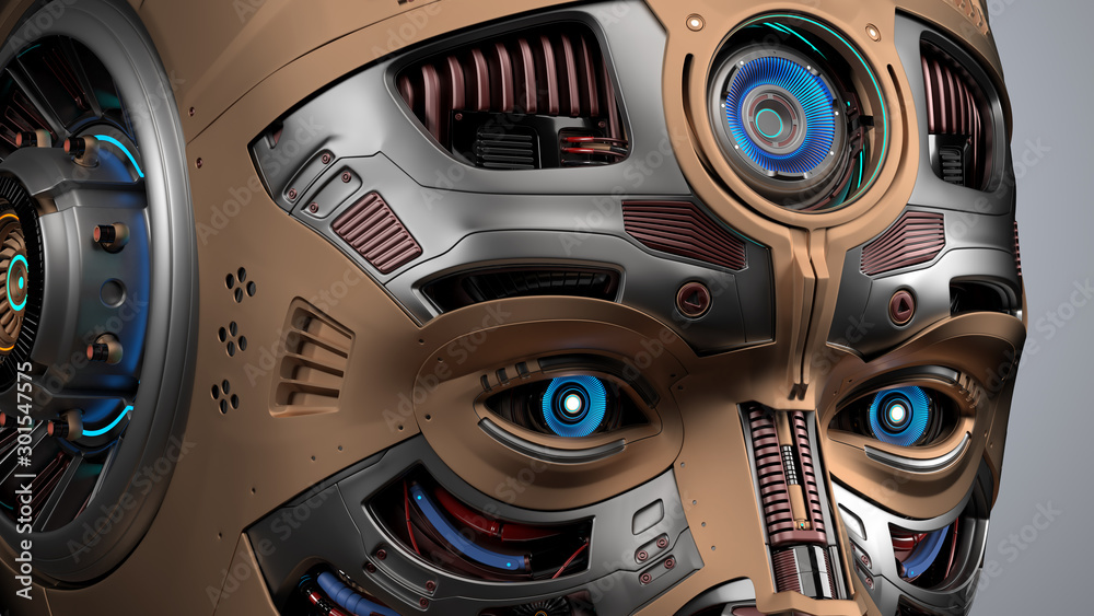Closeup view of a very detailed futuristic robot or humanoid cyborg ...