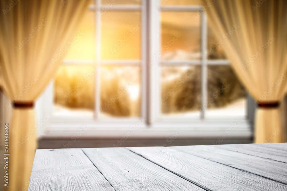 Table background of free space and winter window background Stock Photo ...