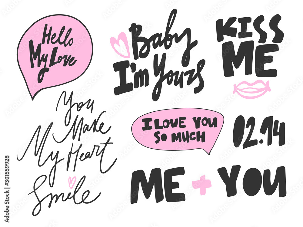 Hello, love, baby, kiss, me, you, heart, smile. Vector hand drawn ...