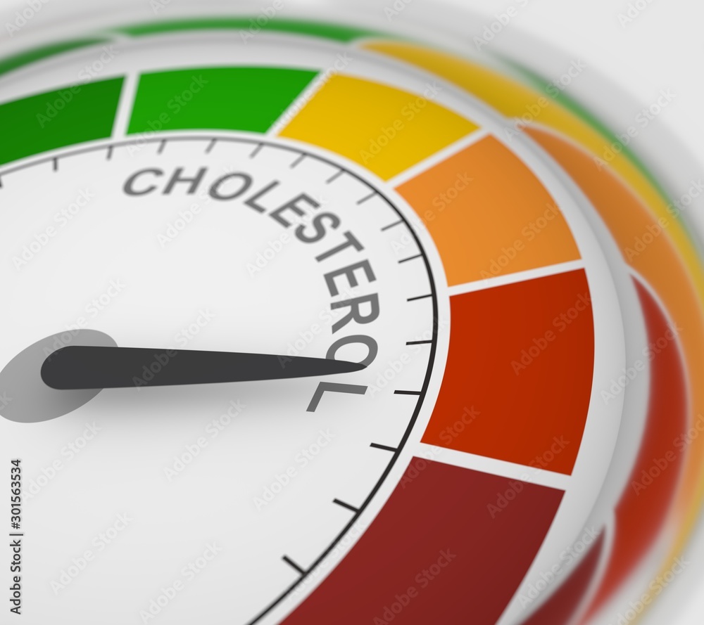 Cholesterol meter read high level result. Color scale with arrow from red to green. The ...
