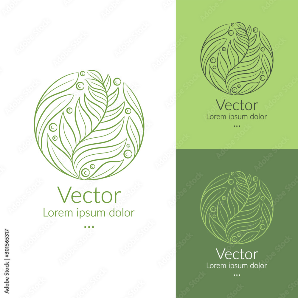 Green linear leaf emblem. Elegant, classic vector. Can be used for ...