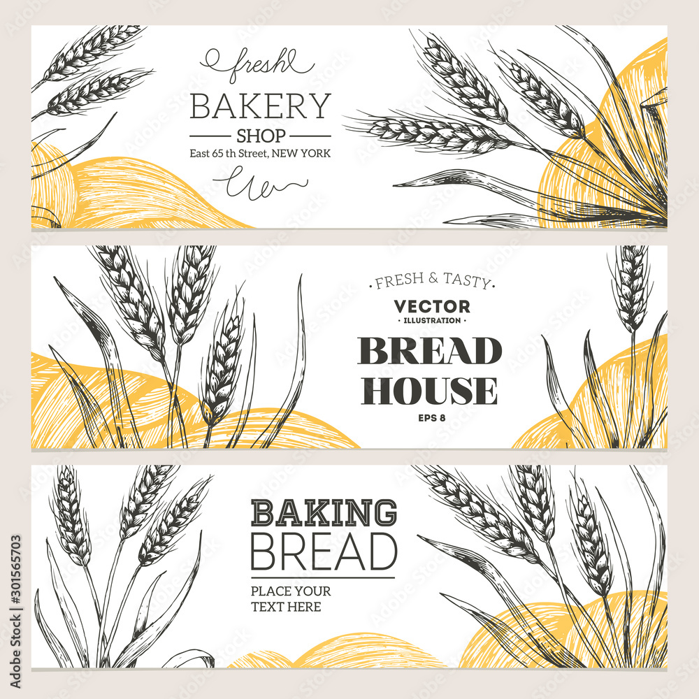 Bread horizontal banner design templates. Bread fields. Wheat vintage ...
