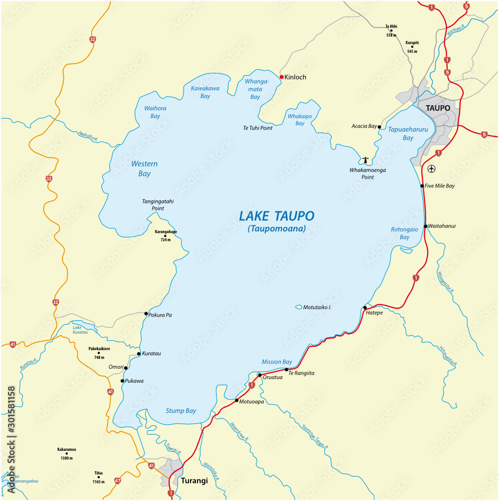 Map of Lake Taupo on the North Island of New Zealand Stock Vector ...