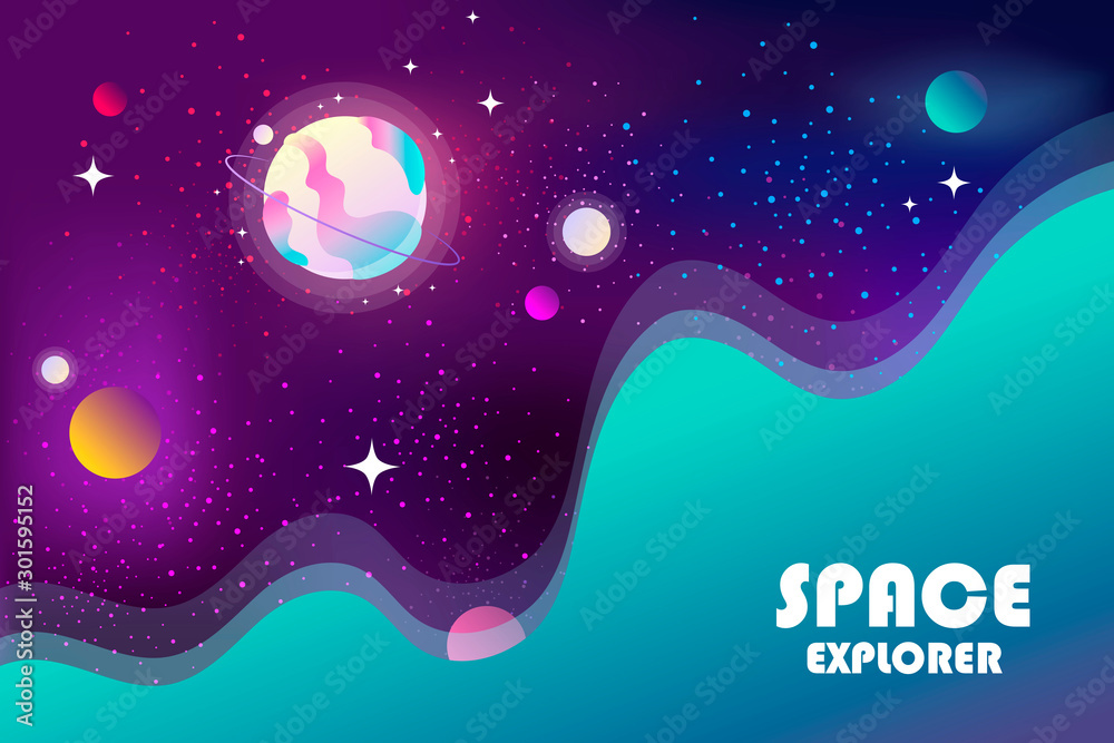 Horizontal space background with abstract shape and planets. Web design ...