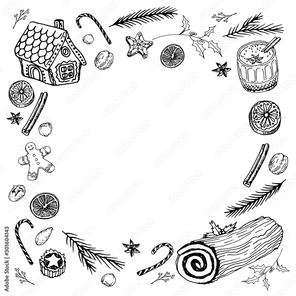 Christmas doodle frame isolated on white background. Hand drawn line ...