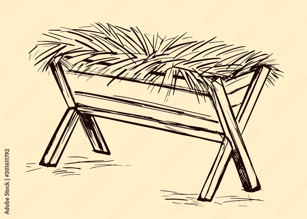 Old empty wood livestock manger. Hand drawn. Cute infant Lord messiah ...