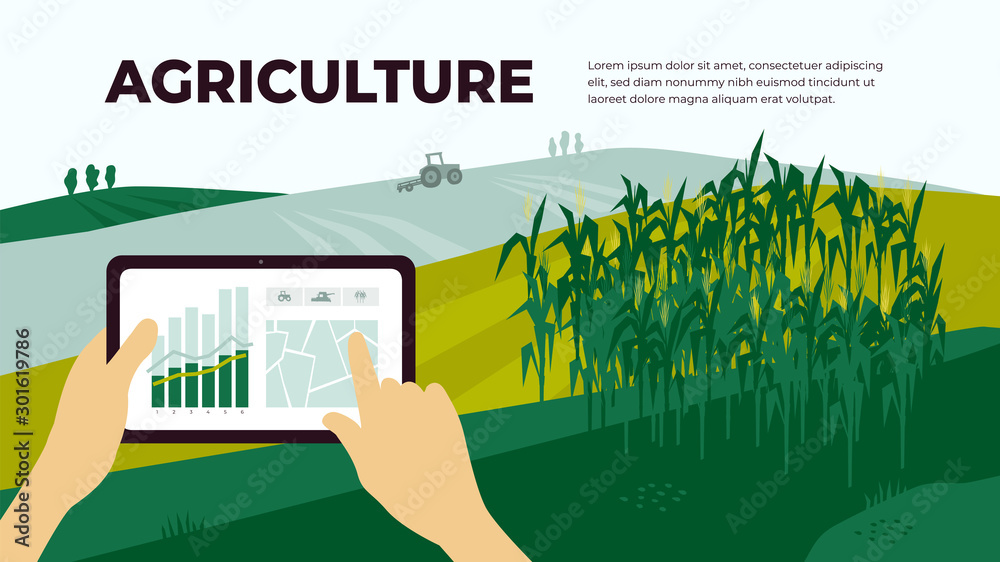 Illustration of agriculture with control by tablet. Smart farming and ...