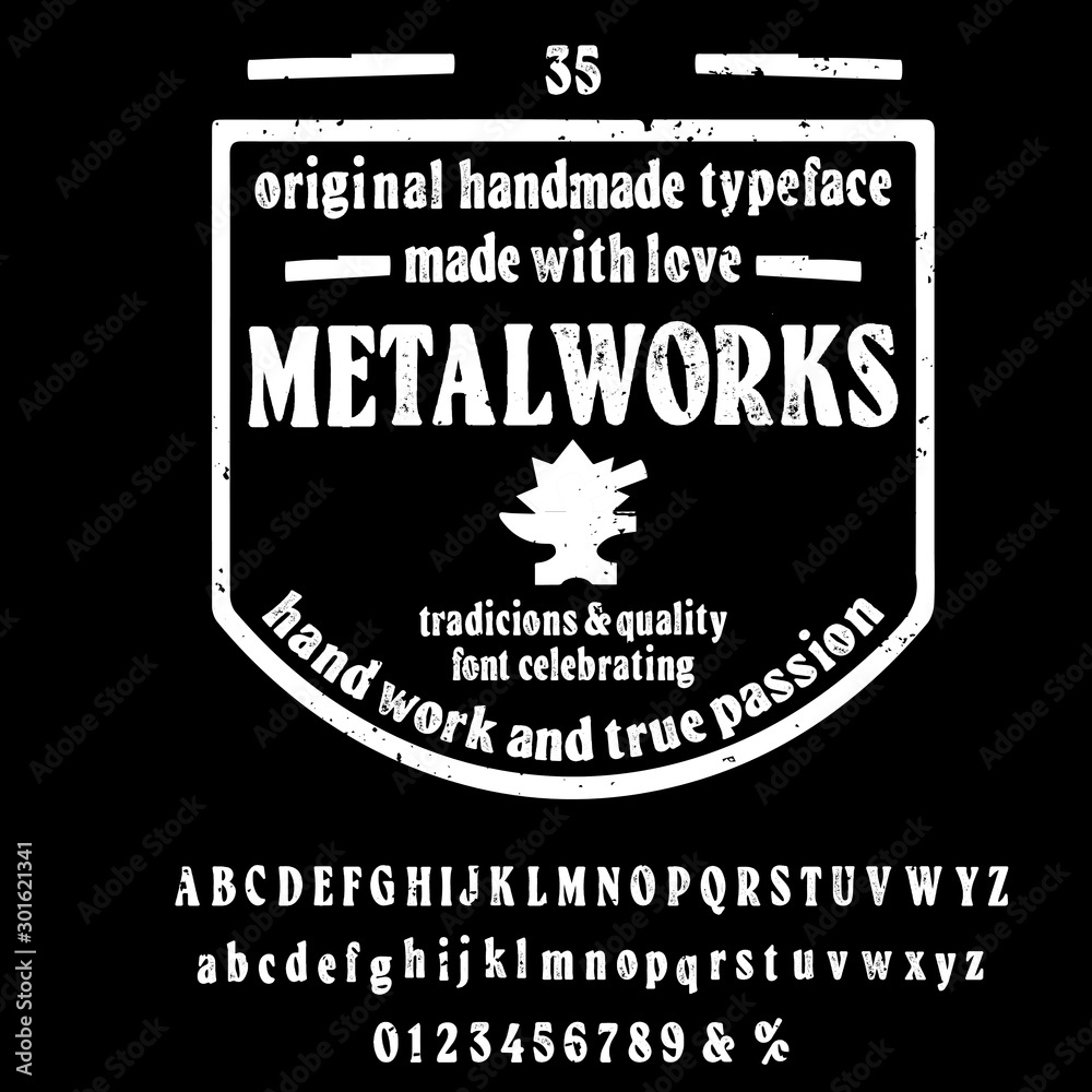 Hand drawn advertising font.Vintage anvil, icon, blacksmith tools ...