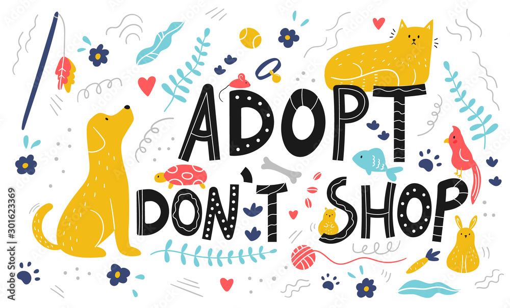 Lettering - adopt don't shop card. Doodle pets and objects for care ...