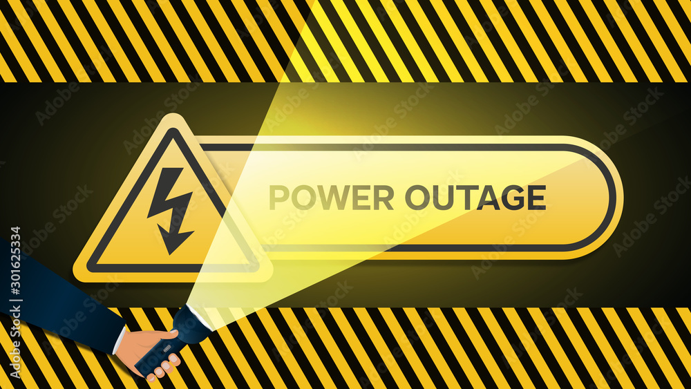 Power outage, warning poster in yellow a triangular icon of electricity ...