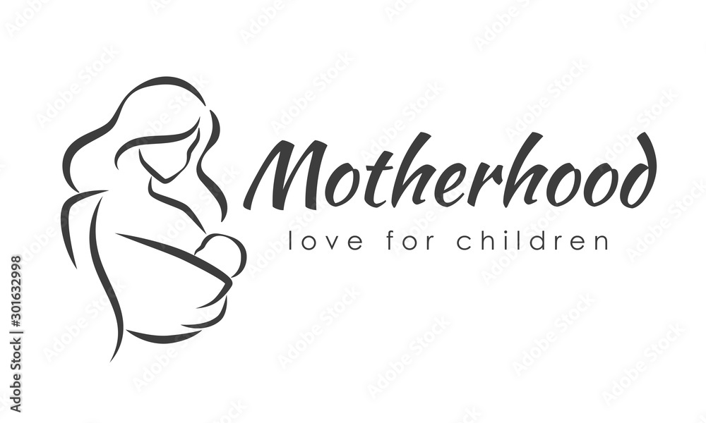Mother with a baby in her hands and baby sling. Stylized outline symbol ...