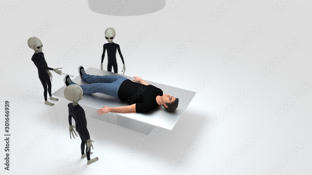 Alien Abduction with three grey Aliens and Human on Surgery Table ...