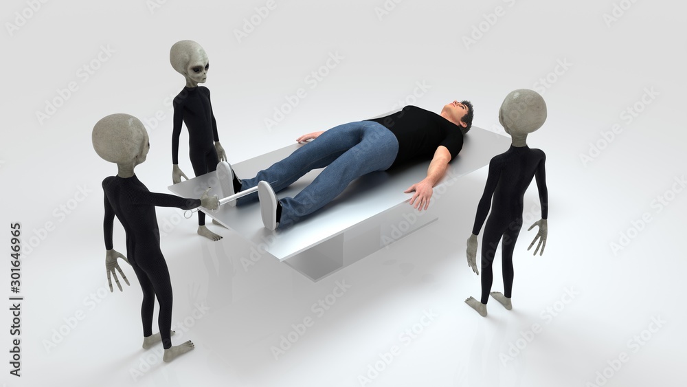 Alien Abduction with three grey Aliens and Human on Surgery Table ...