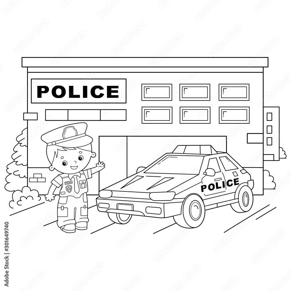 Coloring Page Outline Of cartoon policeman with car. Profession ...