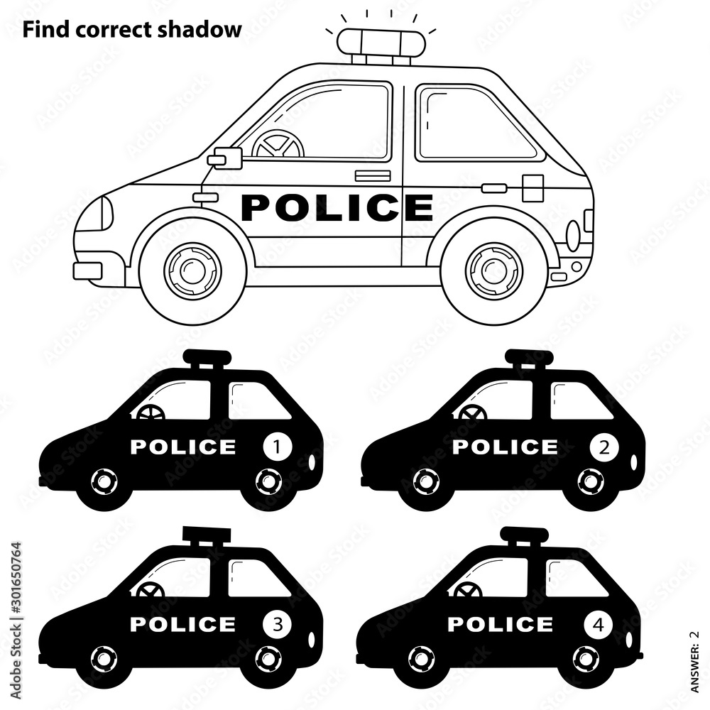 Educational Puzzle Game for kids. Find correct shadow. Police car ...
