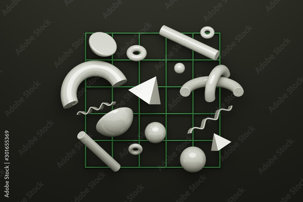 white 3d rendering realistic primitives composition. Flying shapes in ...