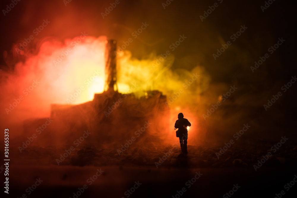 Creative artwork decoration. Chernobyl nuclear power plant at night ...