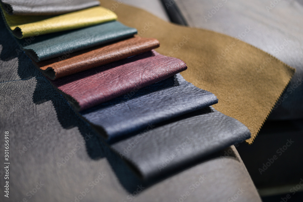 Leather samples of different colors for interior design Stock Photo ...